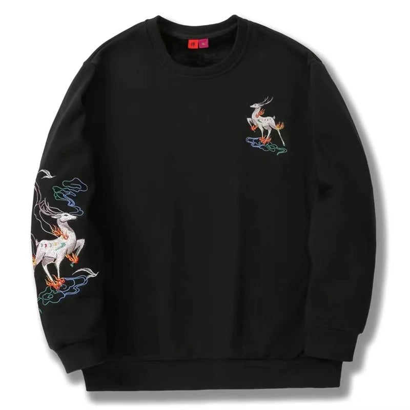 Embroidered Fire Deer Sweatshirt – streetzen Embroidered Fire Deer Sweatshirt – streetzen